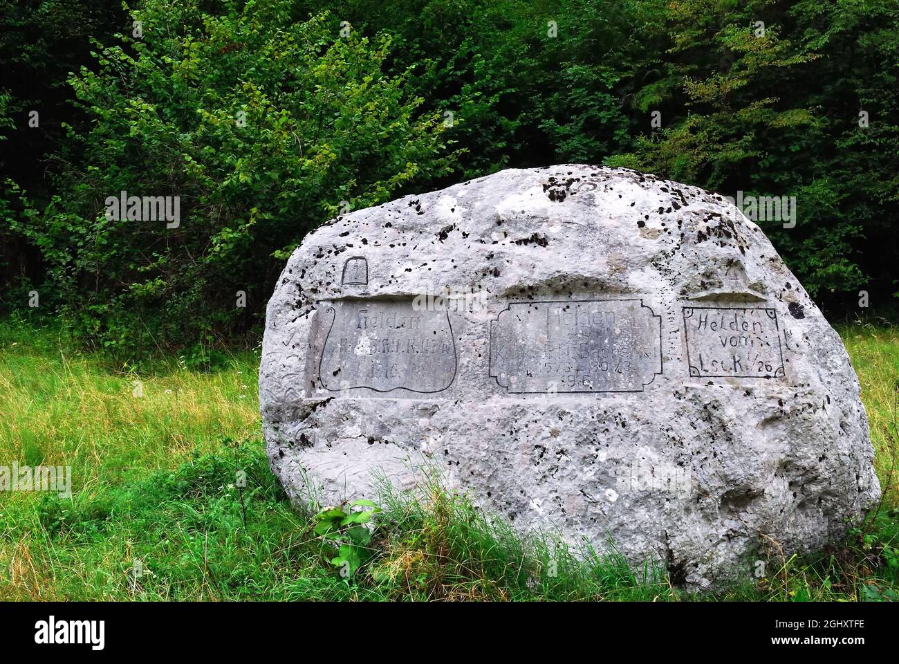 Slovenia, Lepena valley. WWI, the hamlet of the Blaz. The big rock ...