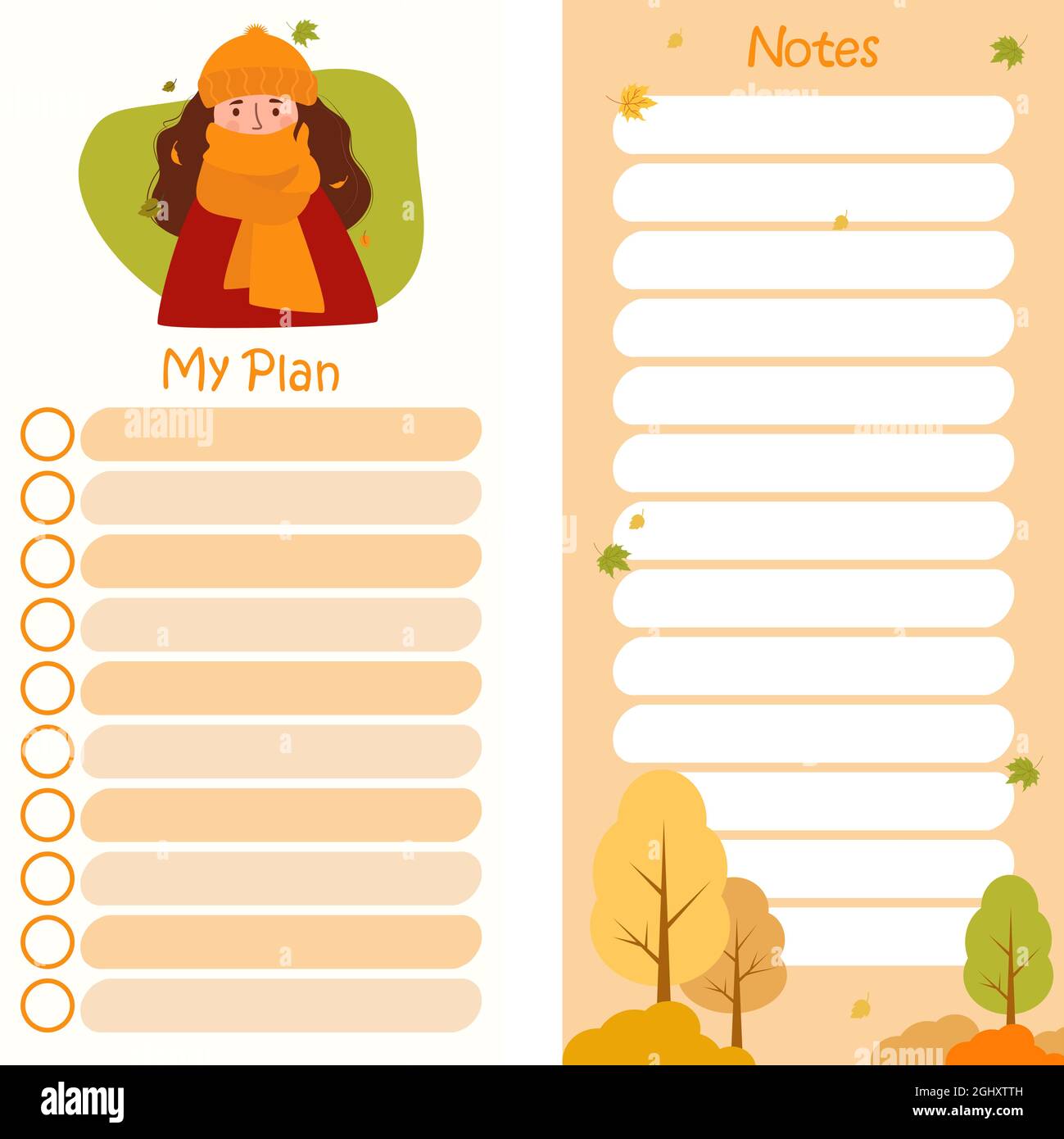 set - Autumn planner with Cute Girl with In a scarf and a hat with ...