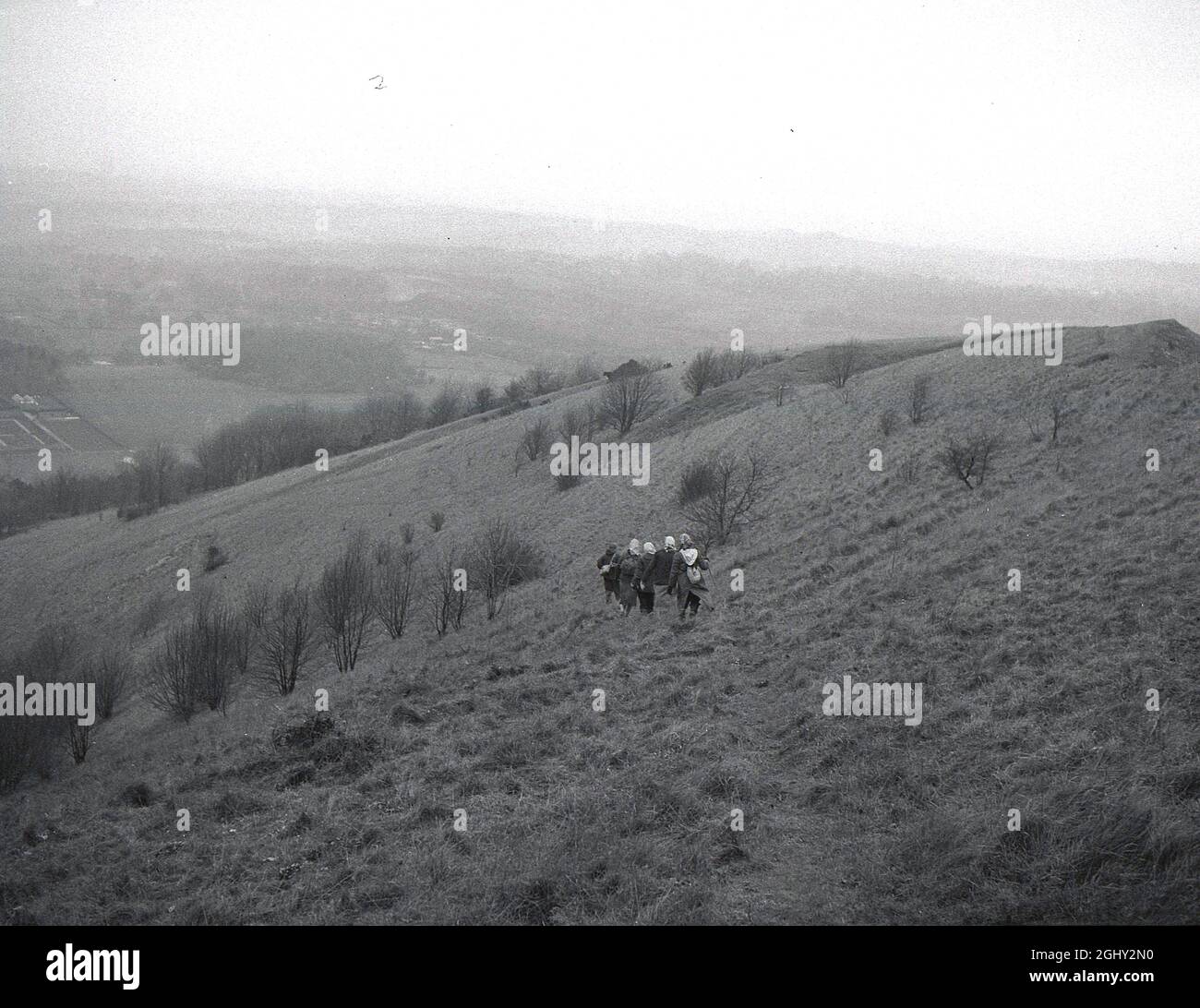 1950s, historical, female ramblers walking down a path on a grassy ...