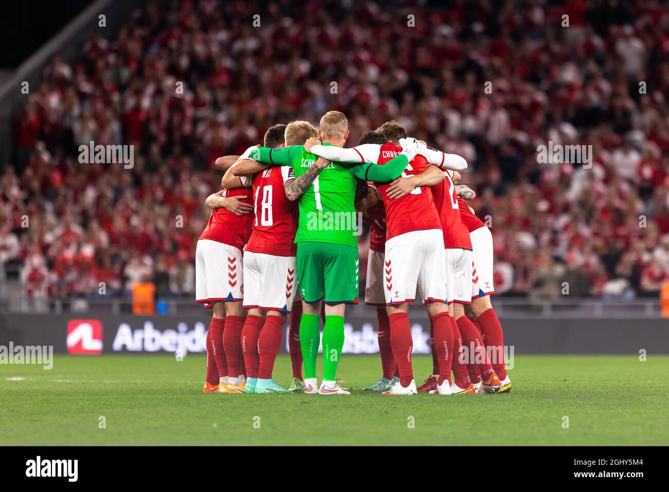 Copenhagen, Denmark. 07th Sep, 2021. The players of Denmark unite in a ...