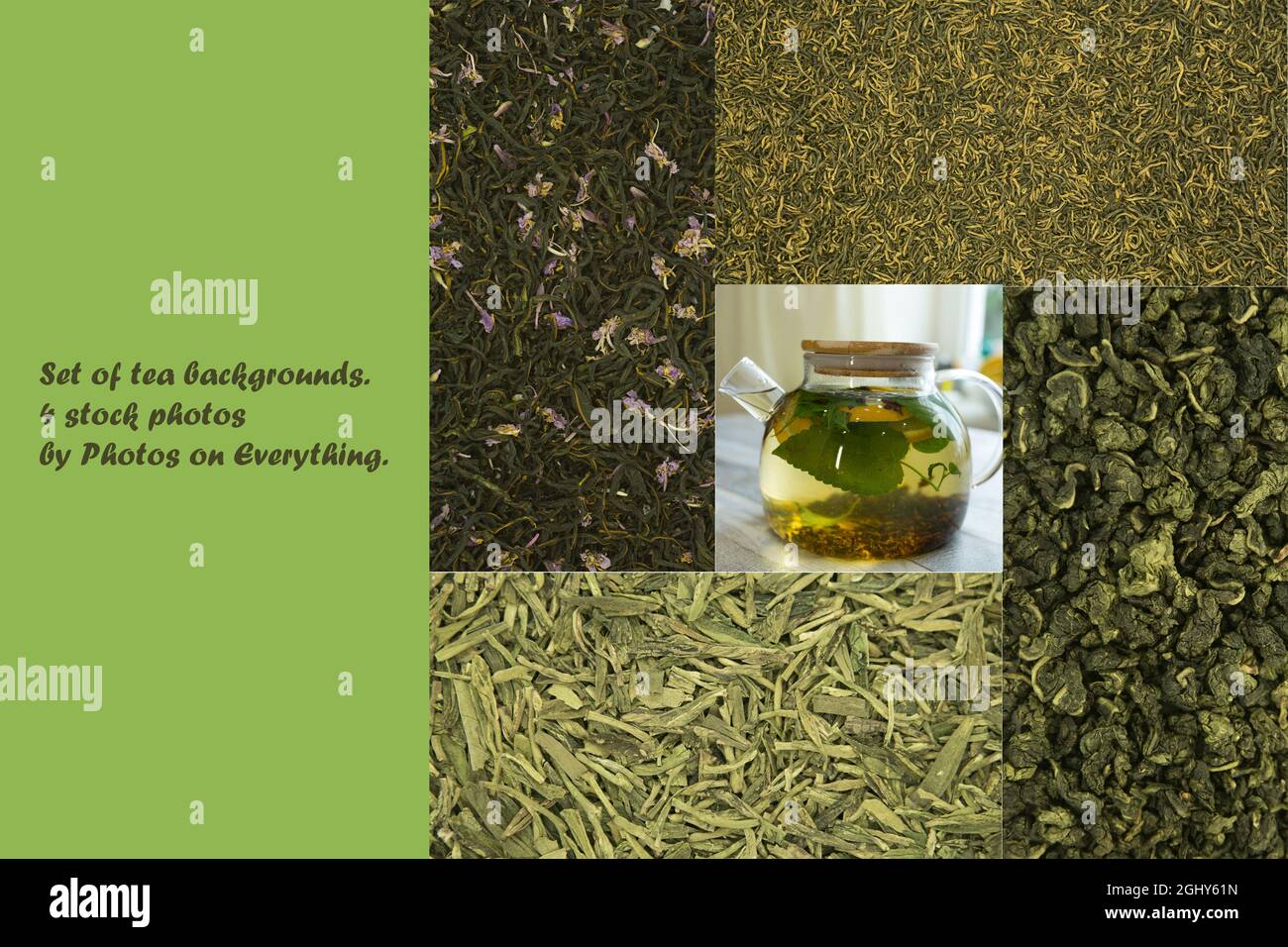 Set of tea backgrounds. The collage presents types of tea such as milk ...