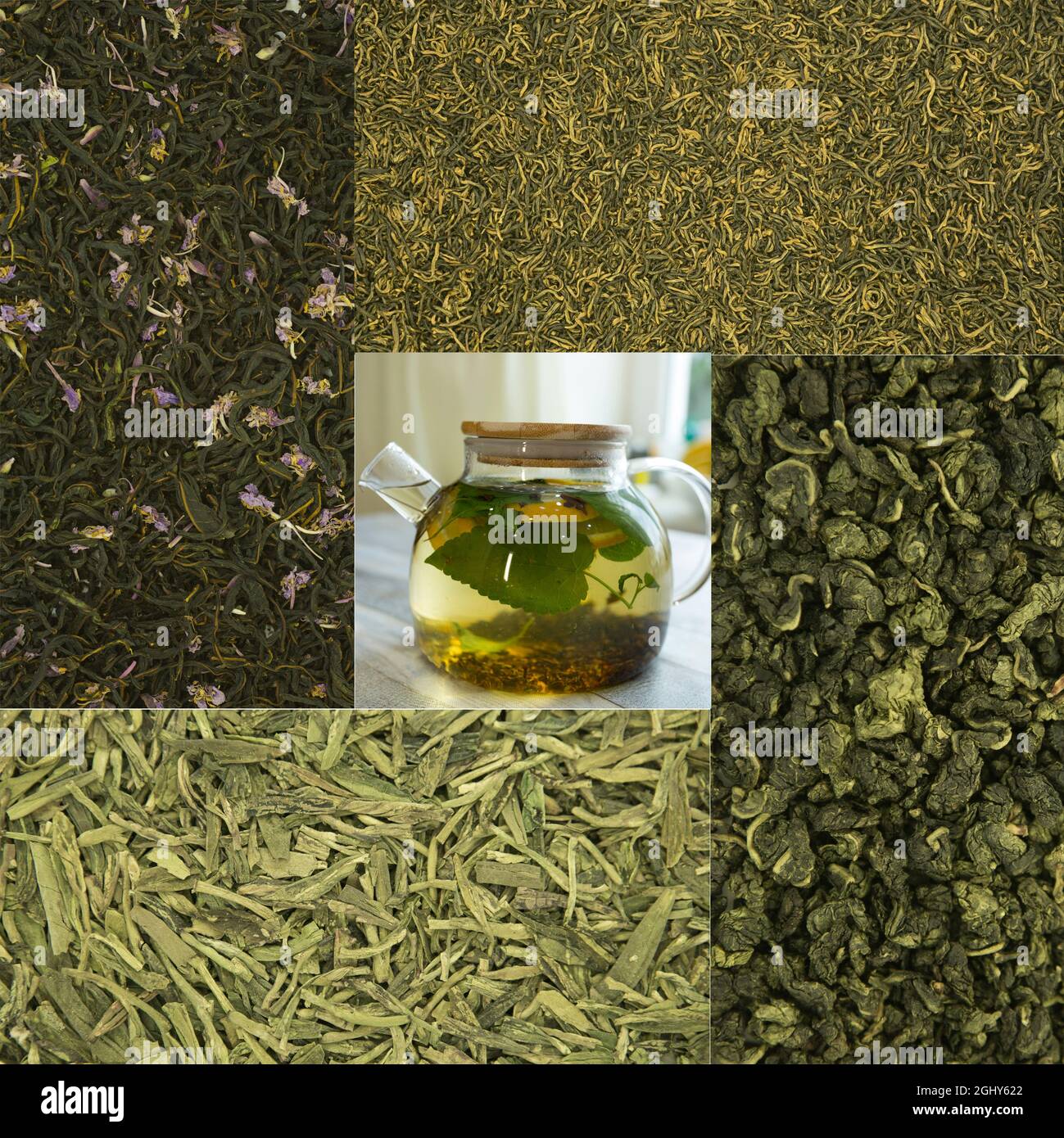Set of tea backgrounds. The collage presents types of tea such as milk ...