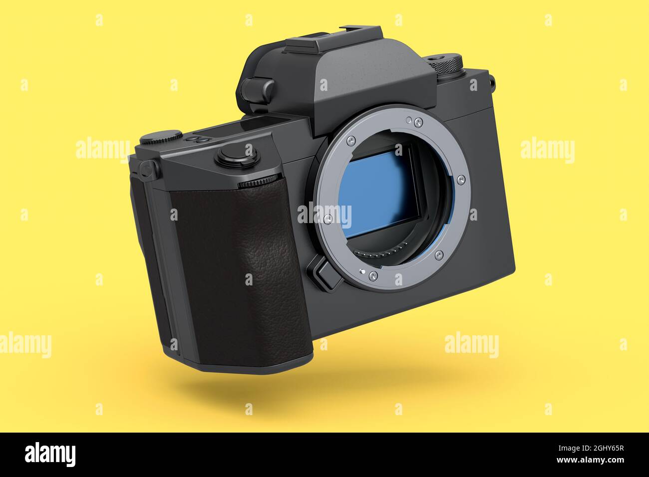 Concept of nonexistent DSLR camera isolated on a yellow background. 3D ...