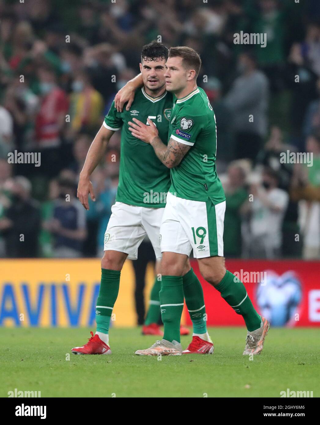 Republic of Ireland's John Egan (left) and James Collins celebrate ...