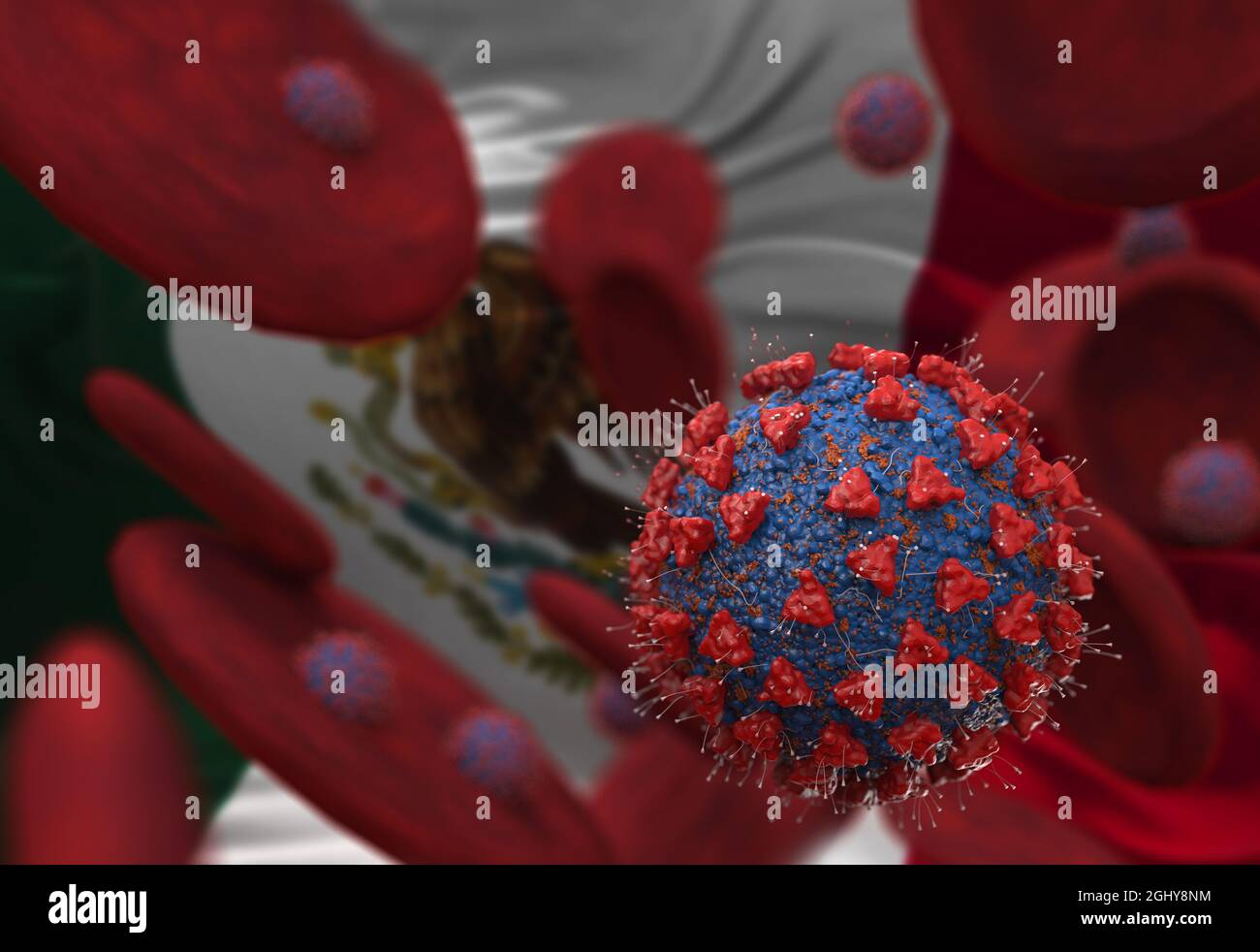 Virus and blood cells against flag of Mexico. 3d illustration. viral ...