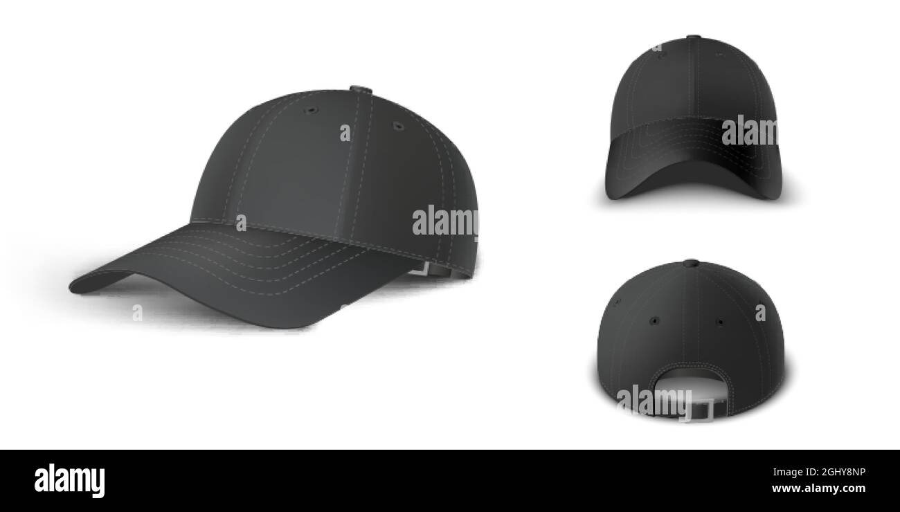 Black baseball cap set side perspective, front and back view realistic ...