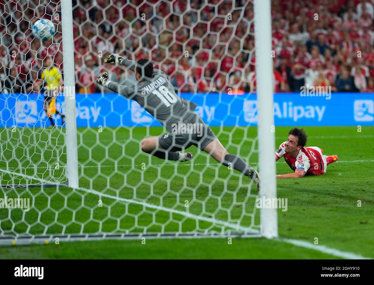 September 8, 2021: Thomas Delaney of Denmark scoring their fourth goal ...