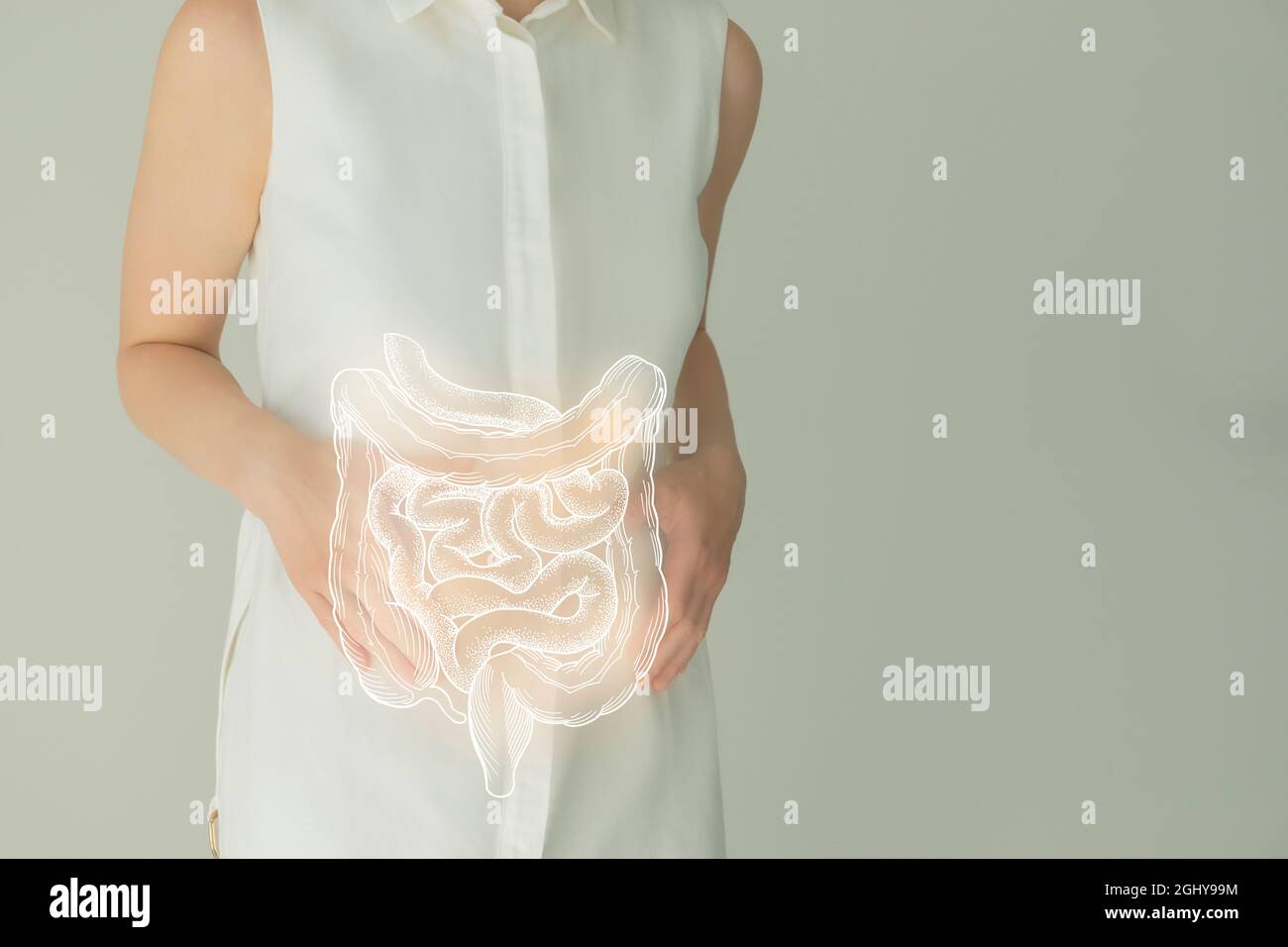 Unrecognizable female patient in white clothes, highlighted handrawn ...
