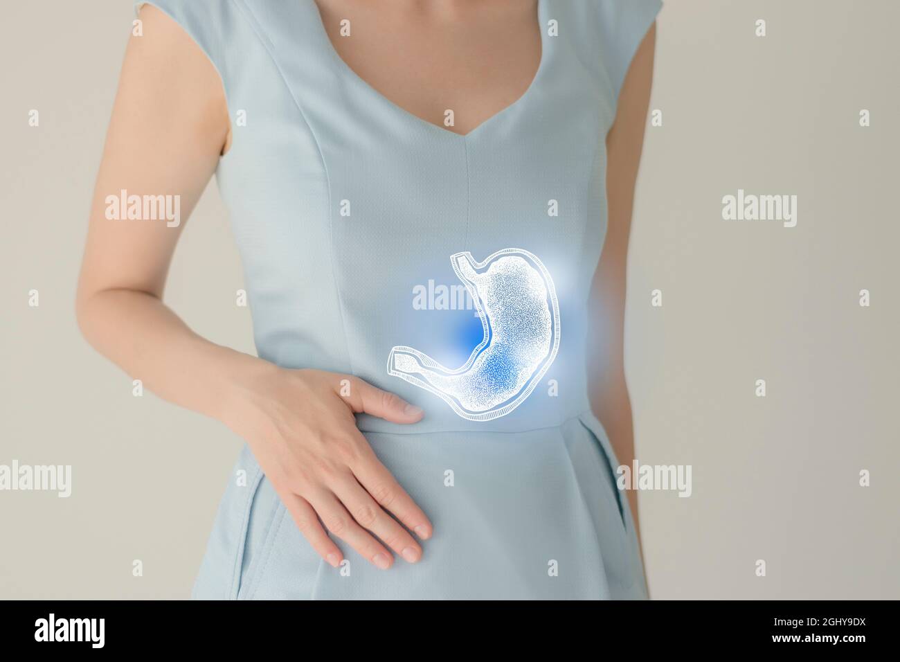 Unrecognizable female patient in blue clothes, highlighted handrawn ...