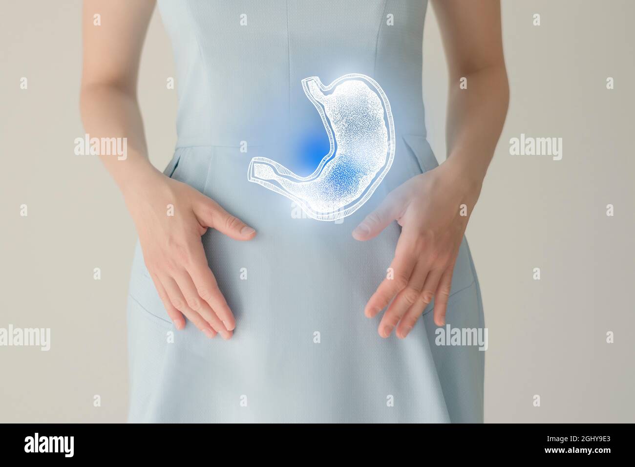Unrecognizable female patient in blue clothes, highlighted handrawn ...