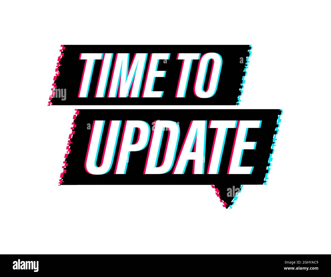 System software update or upgrade. Glitch icon. Banner new update. Time ...