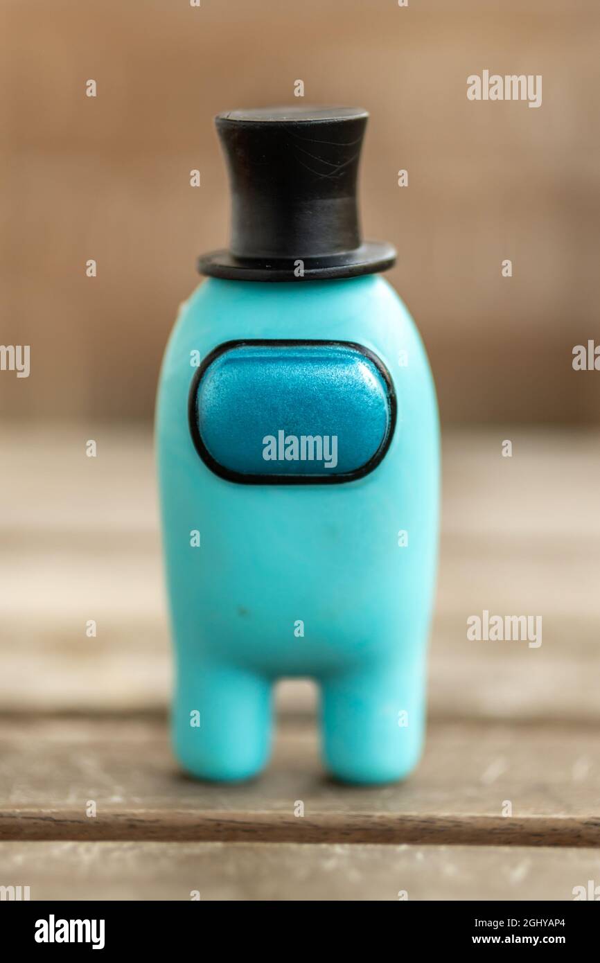 POZNAN, POLAND - Aug 15, 2021: A blue plastic "Among Us" crewmate toy ...