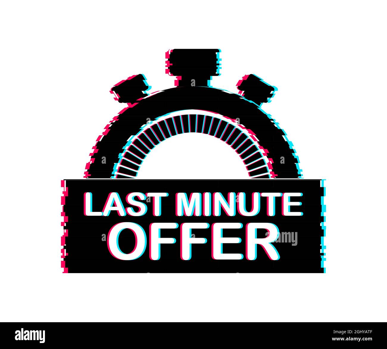 Last minute offer button sign, alarm clock countdown logo. Glitch icon ...