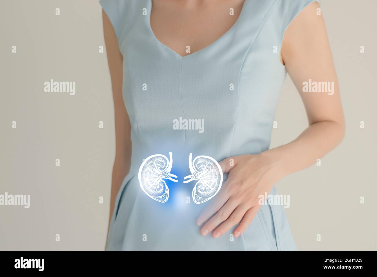 Unrecognizable female patient in blue clothes, highlighted handrawn ...