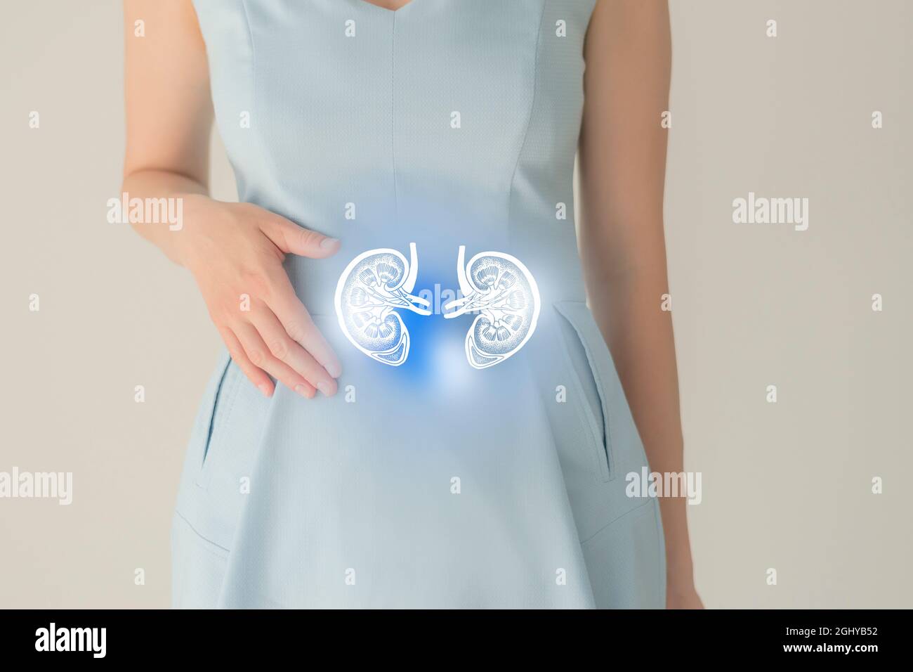 Unrecognizable female patient in blue clothes, highlighted handrawn ...
