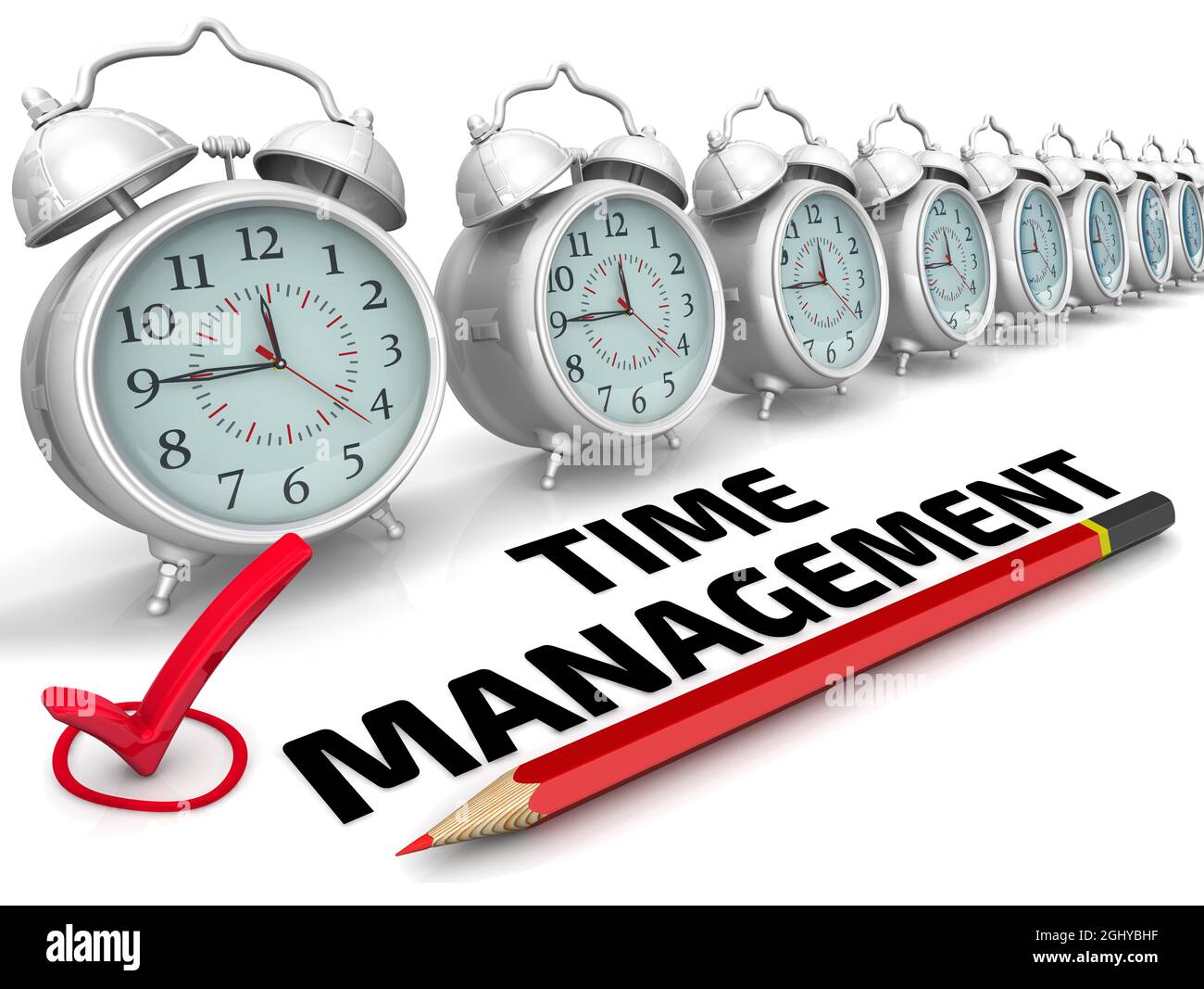 Time management. The check mark. Alarm clocks in a row on a white ...