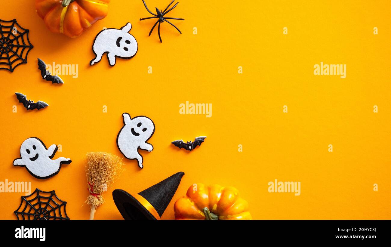 Happy Halloween holiday concept. Halloween decorations, pumpkins, bats ...