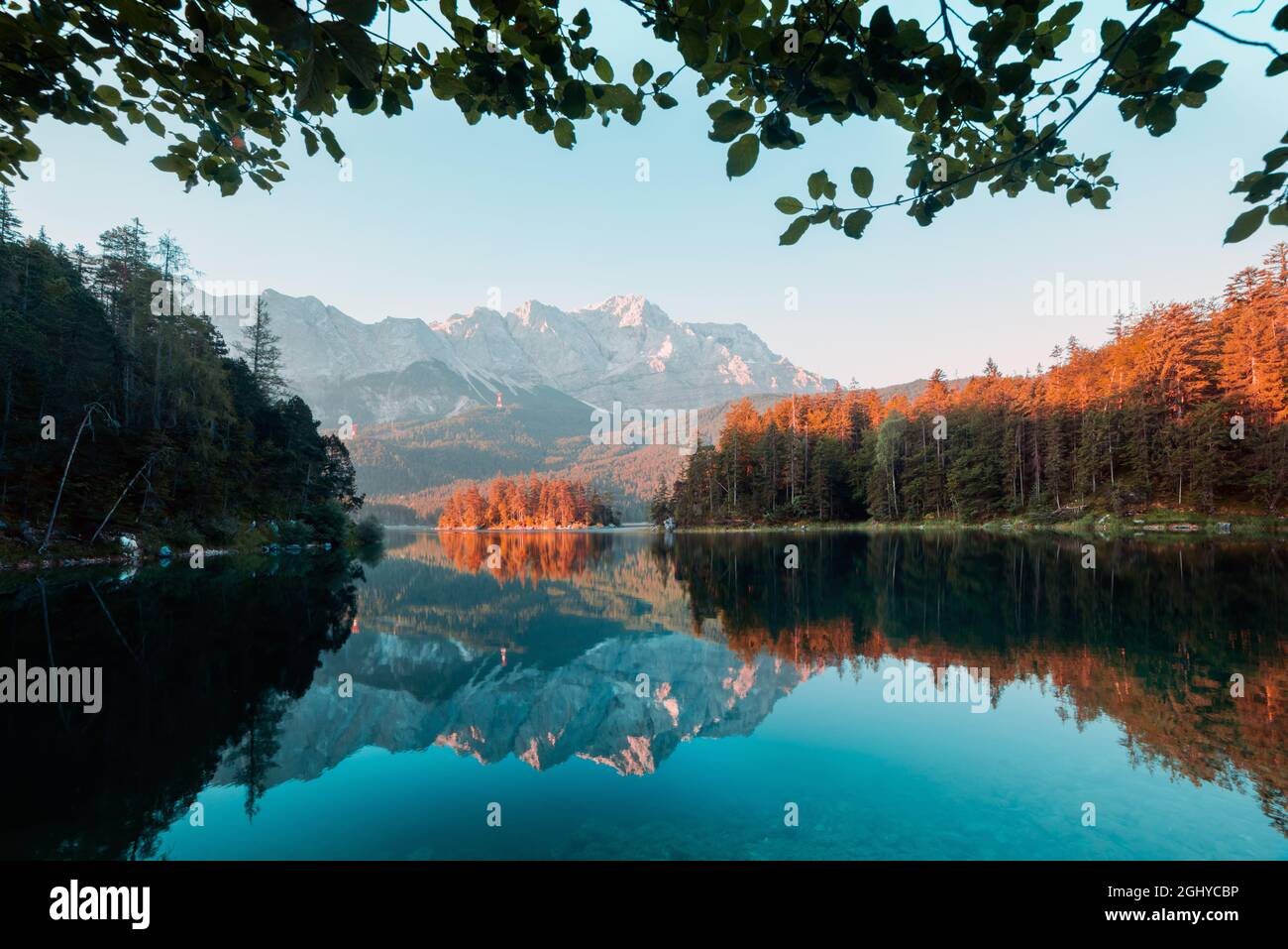 Fantastic morning on mountain lake Eibsee, located in the Bavaria ...