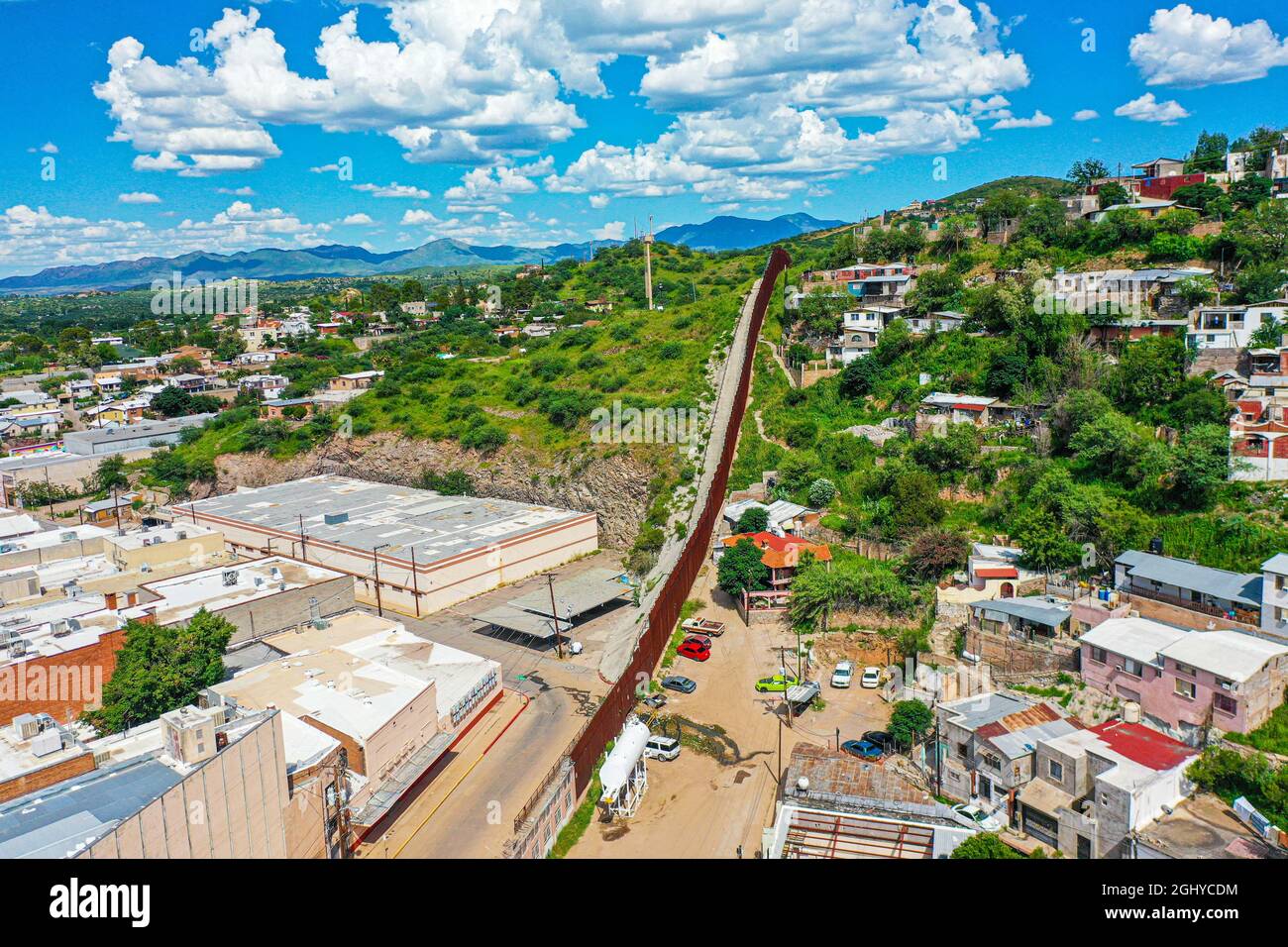 Aerial view of the border wall in Nogales Sonora (R) in Mexico and ...