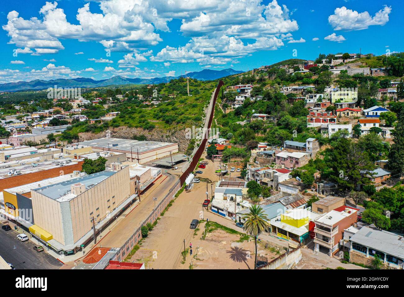 Aerial view of the border wall in Nogales Sonora (R) in Mexico and ...