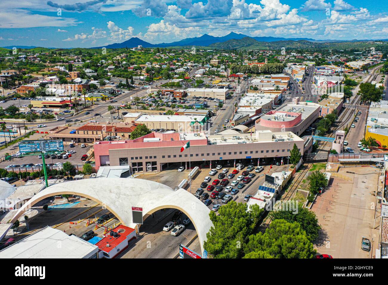 Border wall and gatehouse in Nogales Sonora in Mexico and Nogales ...