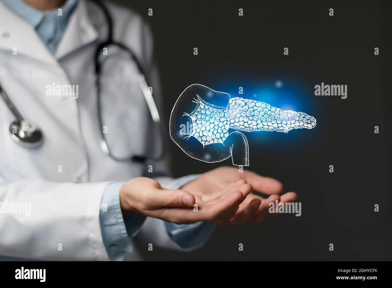 Pancreas issues medical concept. Photo of female doctor, empty space ...