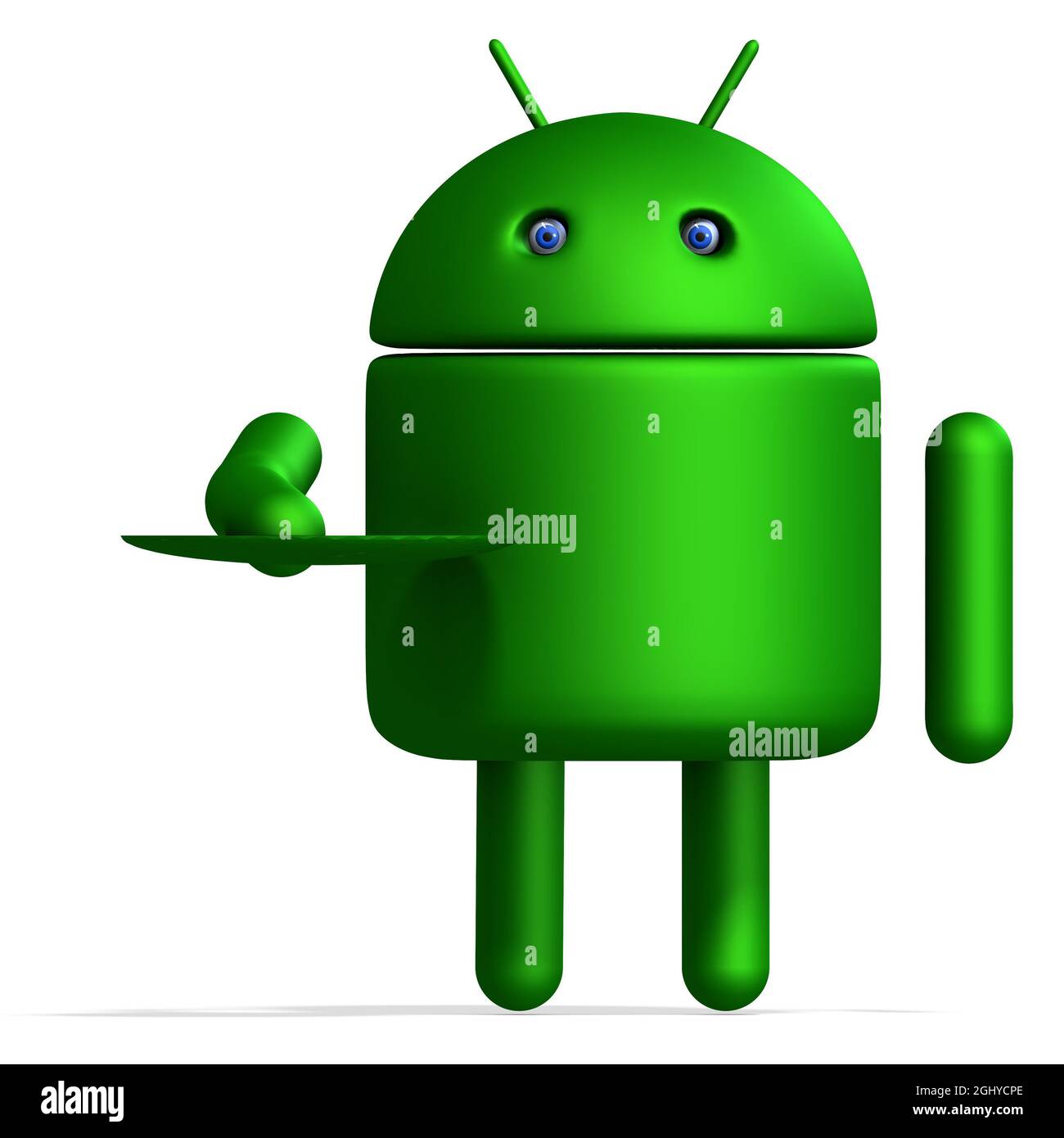 3D-illustration of a cute and funny cartoon android presenting ...