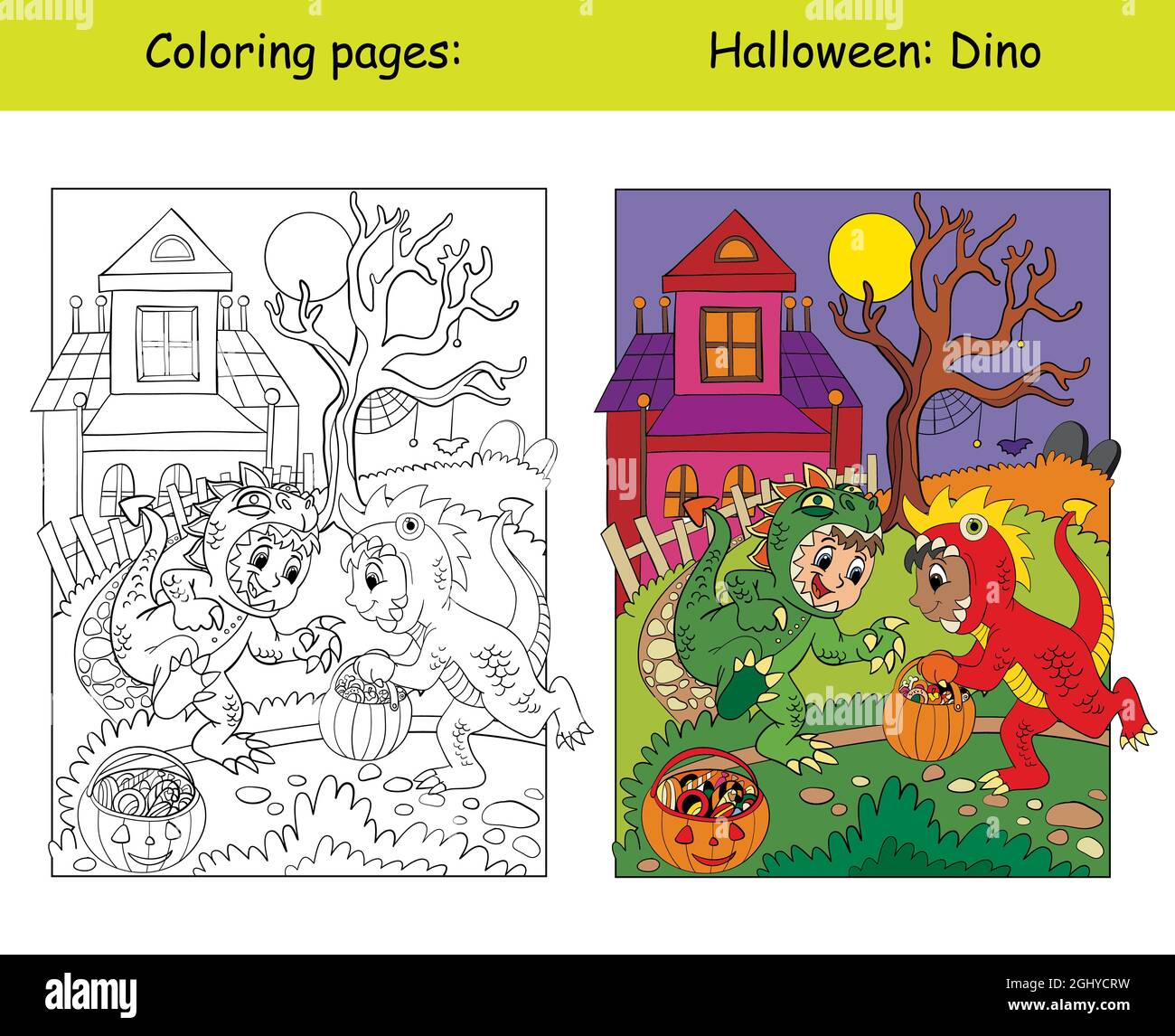 Funny boys in dinosaur costume. Halloween concept. Coloring book page ...