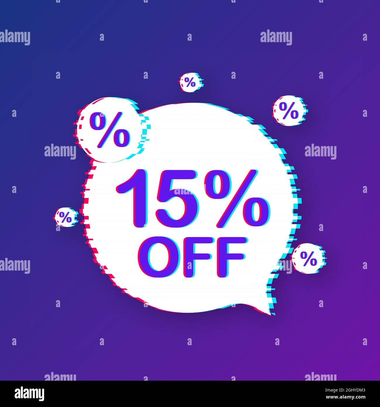 15 percent OFF Sale Discount Banner. Glitch icon. Discount offer price ...