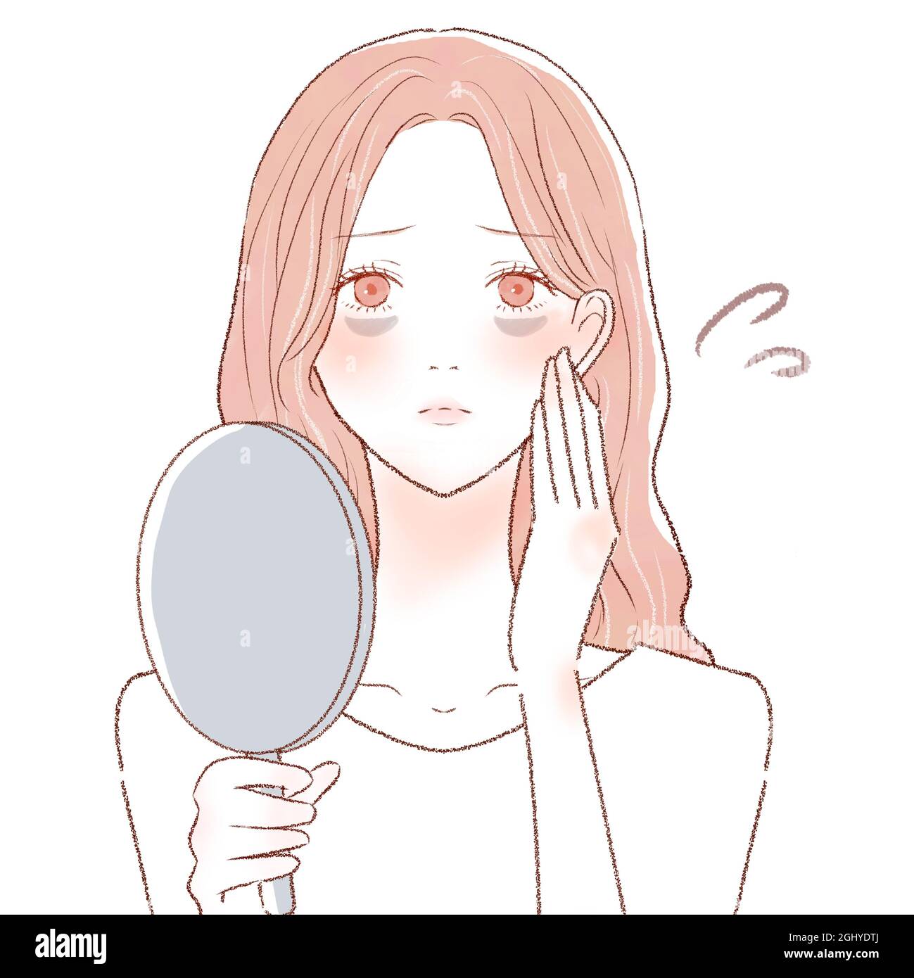 Woman suffering from bear under eyes due to poor bloodsing. On a white ...