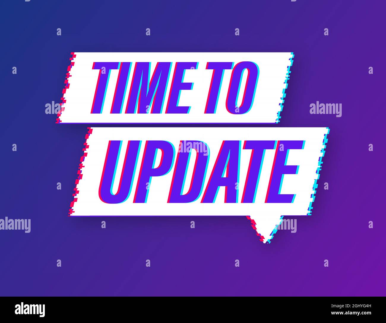 System software update or upgrade. Glitch icon. Banner new update. Time ...