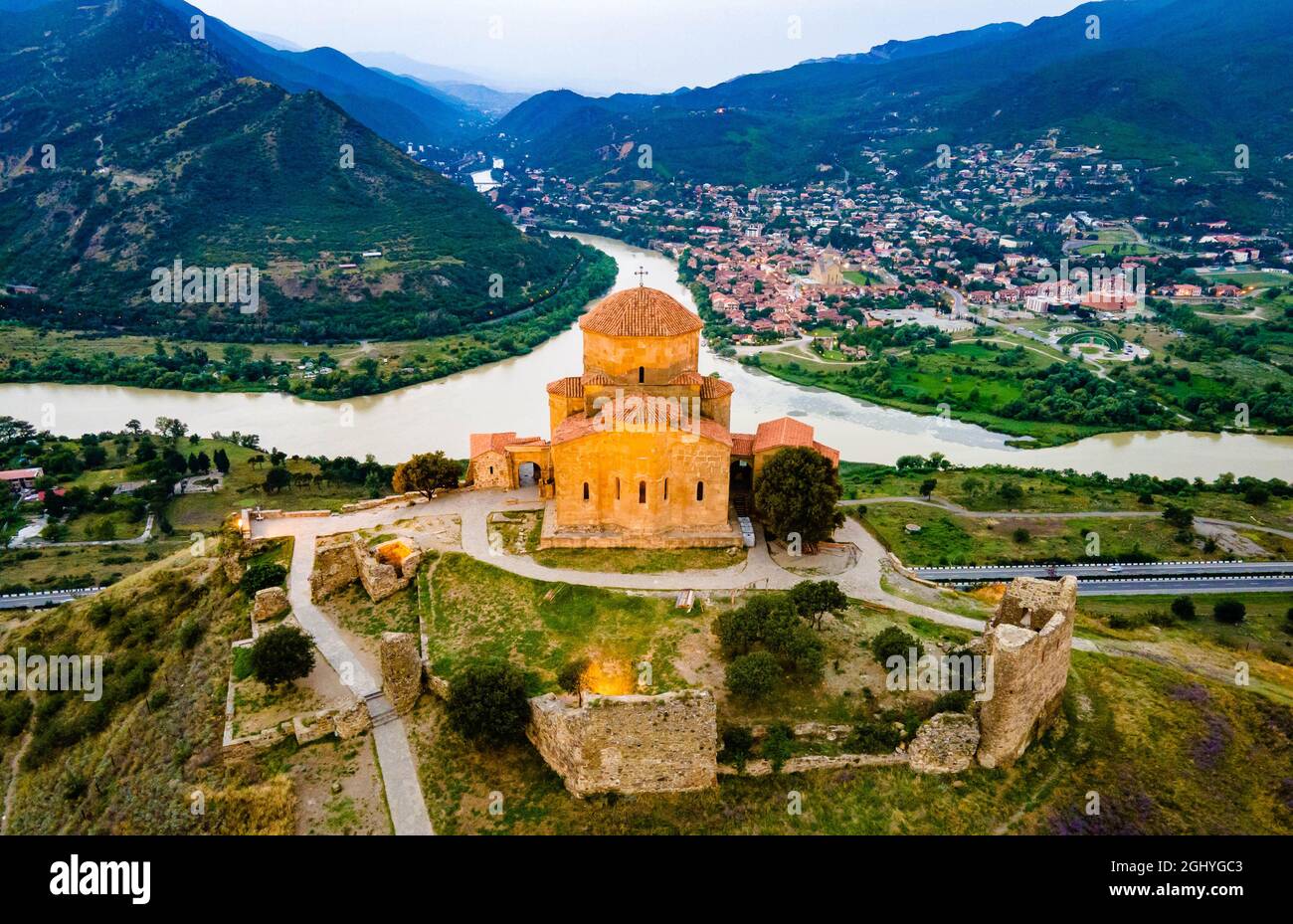 Scenic aerial view of Jvari clifftop orthodox monastery located in ...