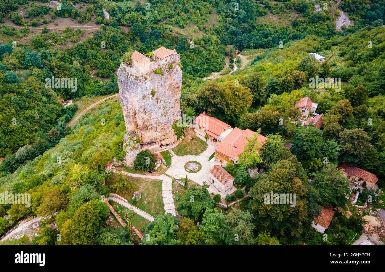 Scenic aerial view of Katskhi pillar monastery from above in summer day ...