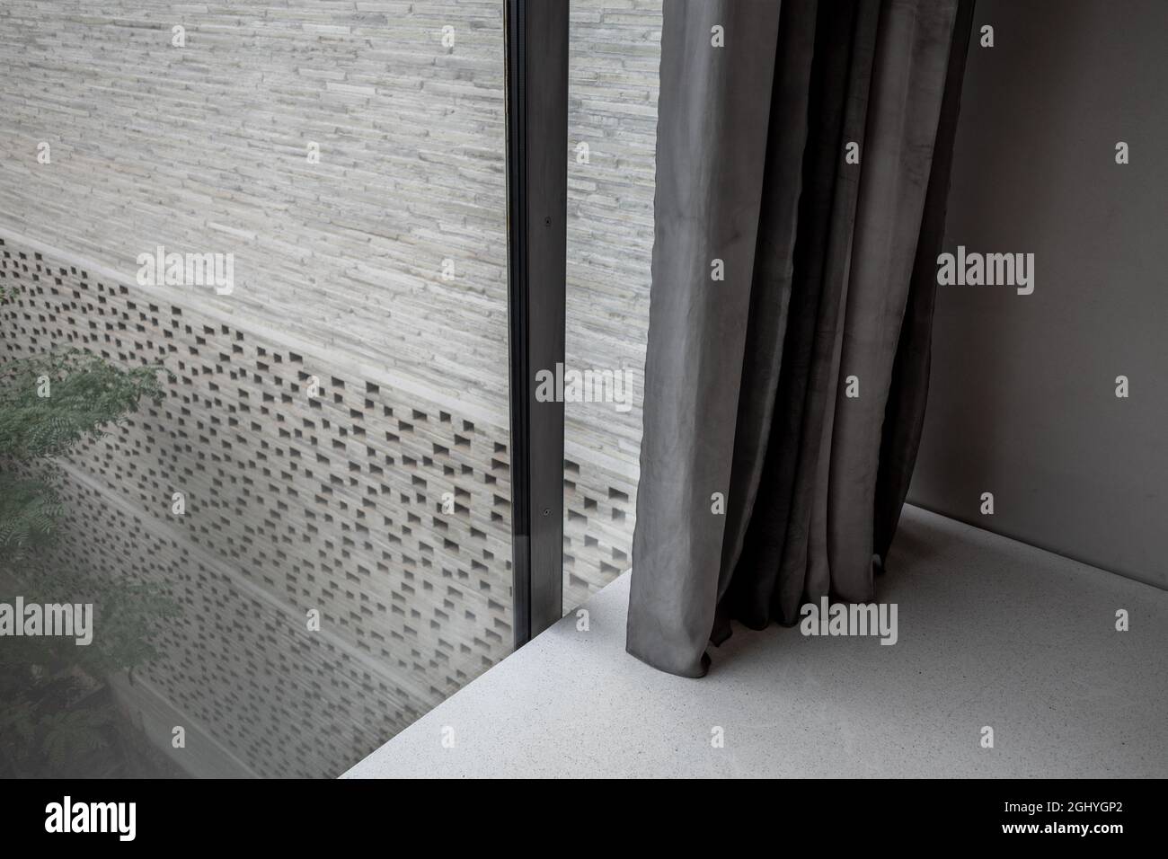 Detail of interior curtain behind big glass window and background ...