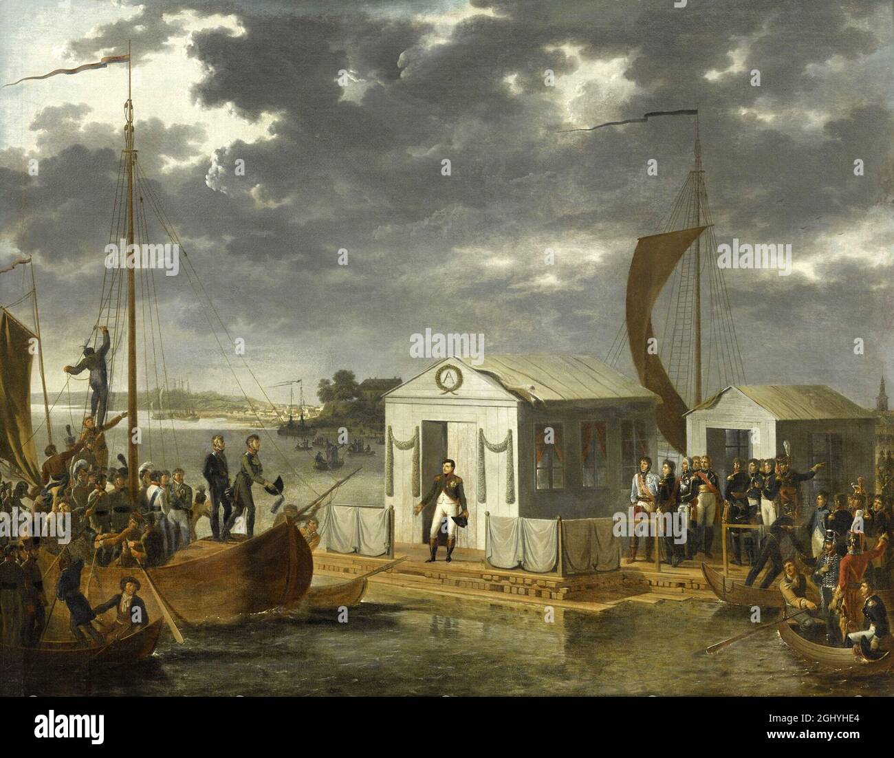 Napoleon and Tsar Alexander I meeting on the raft in the middle of the ...