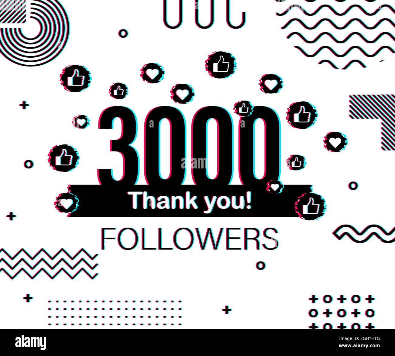 Thank you 3000 followers numbers. Glitch style banner. Congratulating ...