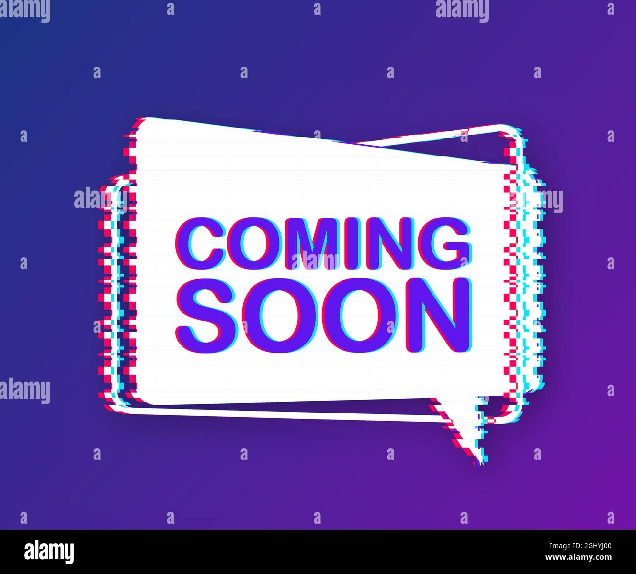 Coming soon written on speech bubble. Advertising sign. Glitch icon ...