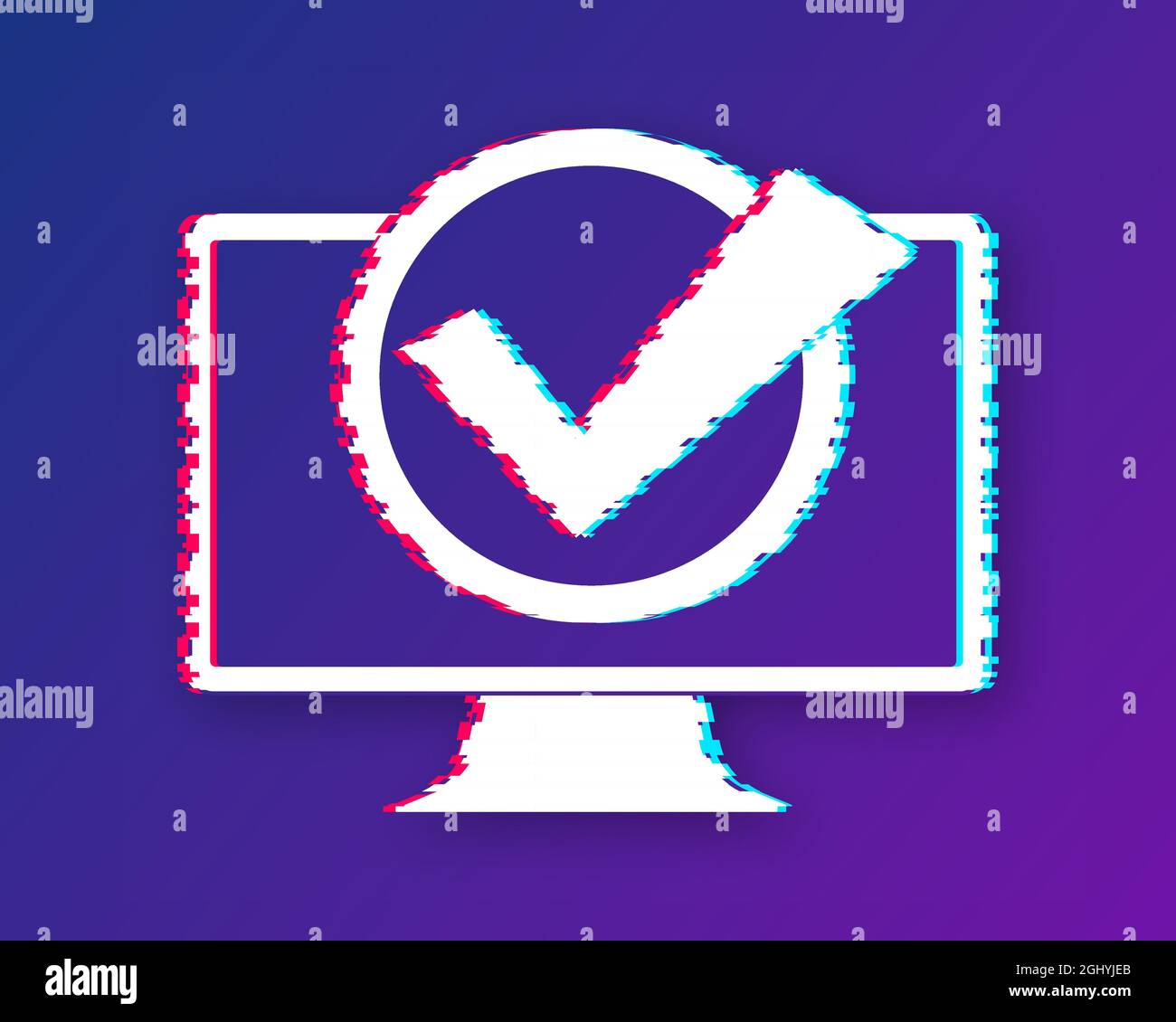 Computer with checkmark or tick notification in bubble. Approved choice ...