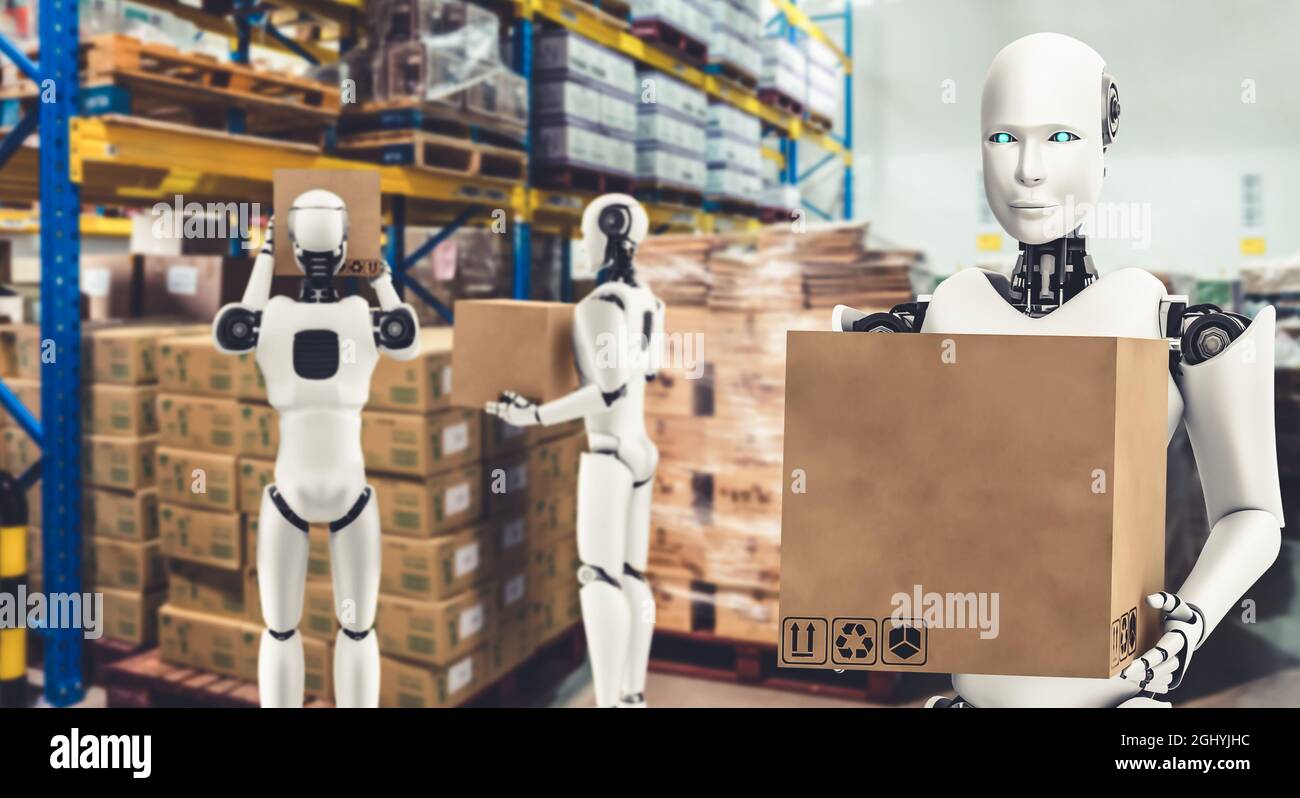 Innovative industry robot working in warehouse for human labor ...