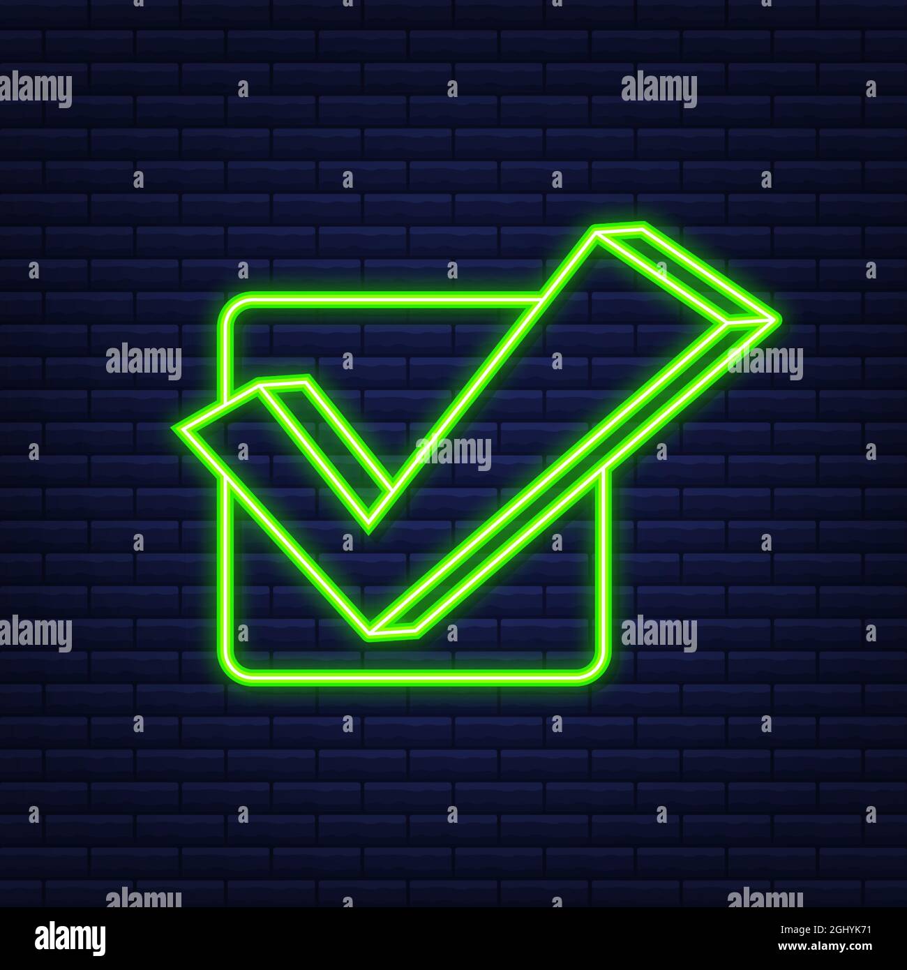 Checkmark. Green approved sticker. Neon style. Vector illustration ...