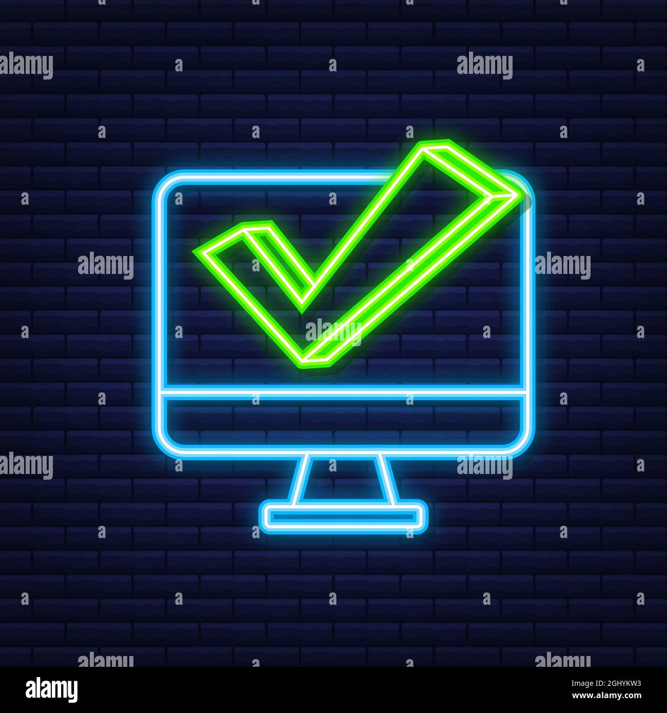 Computer with checkmark. Neon icon. Approved choice. Accept or approve ... Computer with checkmark. Neon icon. Approved choice. Accept or approve ...