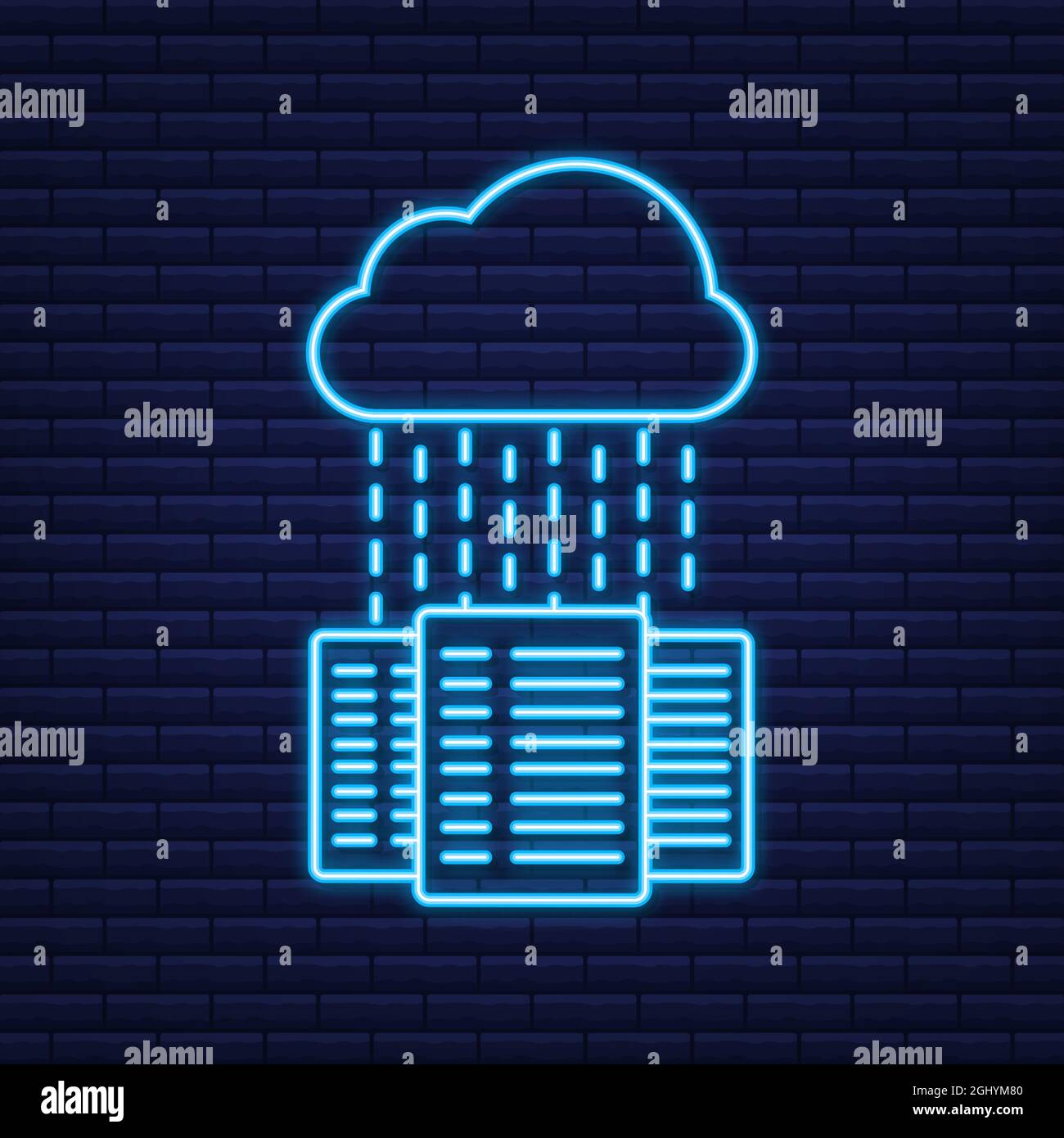 Data center. Neon icon. Mainframe service concept banner, server rack ...