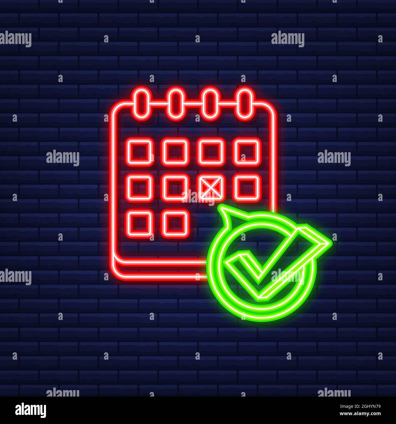 Calendar with checkmark or tick. Neon icon. Approved or schedule date ...