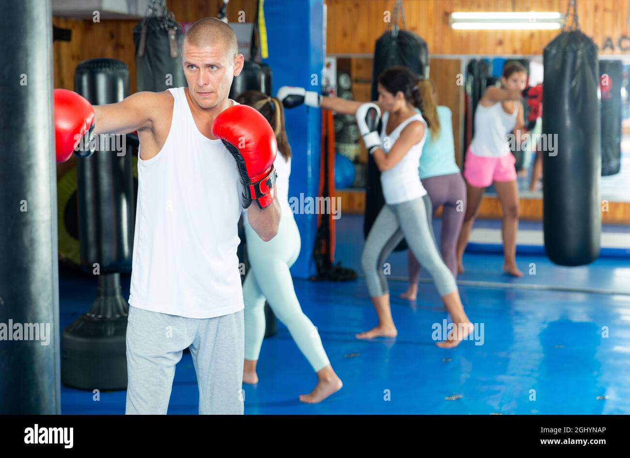 Male sportsman practicing boxing punches with punching bag Stock Photo ...