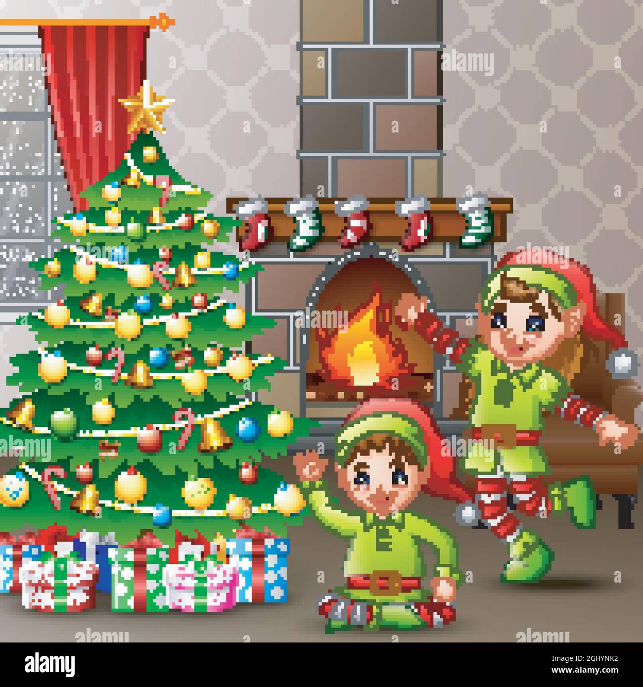 Illustration of the two elves celebrate a christmas at home Stock ...