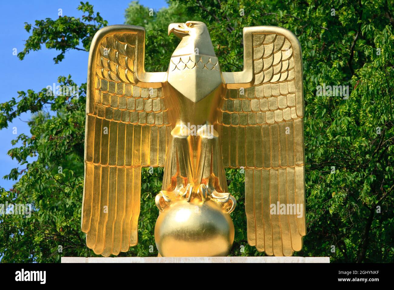 Closeup of a gilded bald eagle at the entrance of the World War II ...