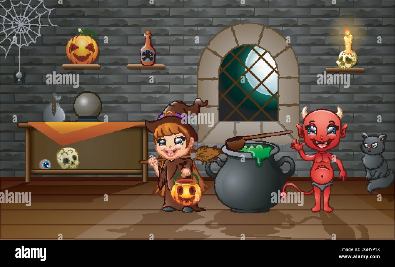 Happy cartoon witch and red devil Stock Vector Image & Art - Alamy