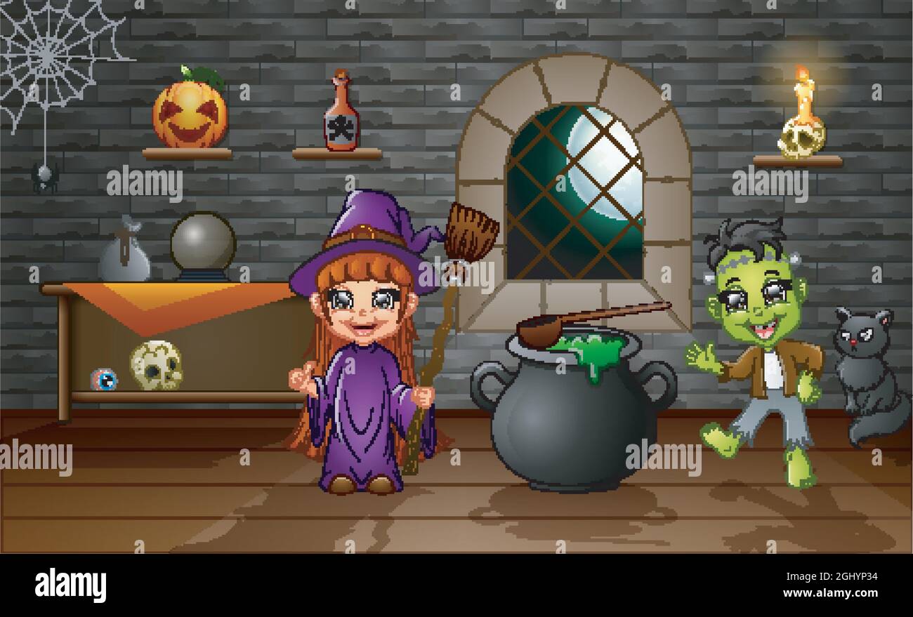 Happy halloween little witch and frankenstein Stock Vector Image & Art ...