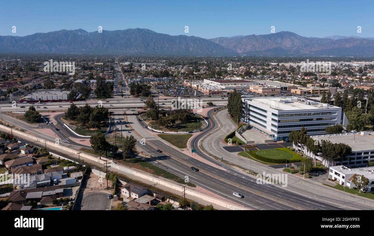 Daytime aerial view of the downtown area of El Monte, California, USA ...