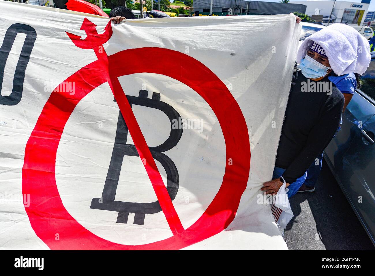 San Salvador, El Salvador. 07th Sep, 2021. A demonstrator holds up an ...